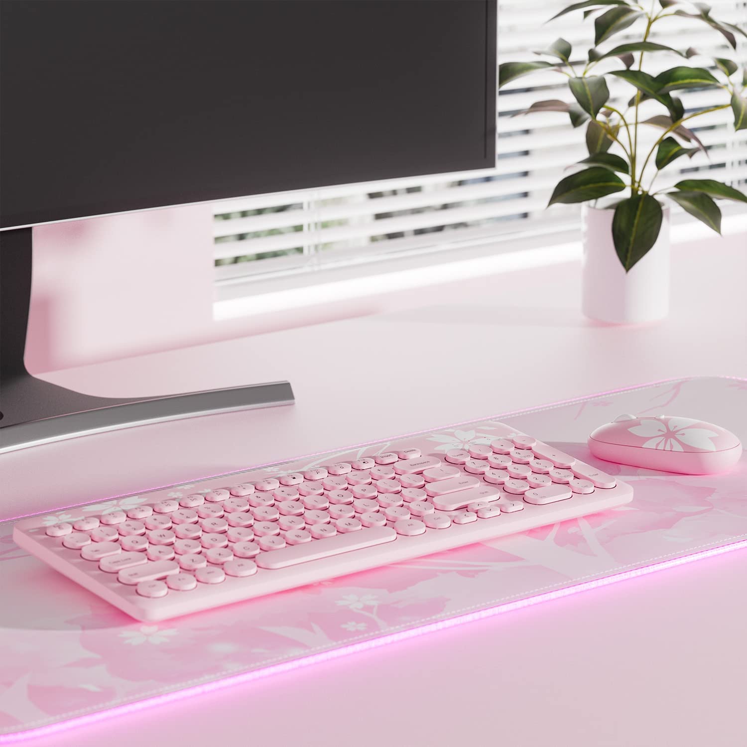 Mytrix Cute Sakura Pink Wireless Keyboard Mouse Combo, Retro Type-Writer Keys, 2.4G USB Slim Keyboard Mouse Set with Numeric Keypad for Computer, Laptop, Desktops, Pc, Mac(KMCS01)