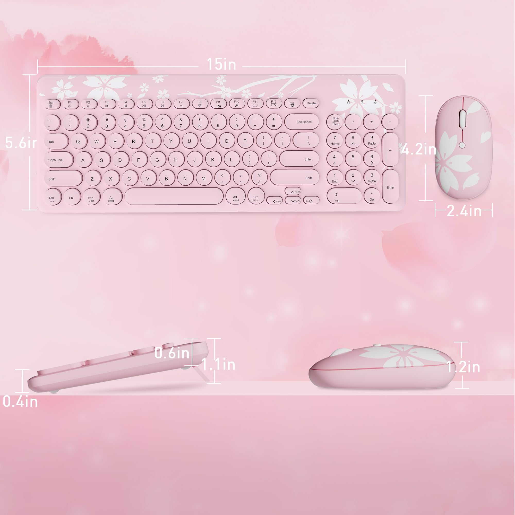 Mytrix Cute Sakura Pink Wireless Keyboard Mouse Combo, Retro Type-Writer Keys, 2.4G USB Slim Keyboard Mouse Set with Numeric Keypad for Computer, Laptop, Desktops, Pc, Mac(KMCS01)