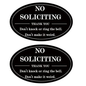 no soliciting signs for house, 2pack no soliciting sign for home- printing on wood, self adhesive sticker at back, ideal for front door, window, house,home, office. black