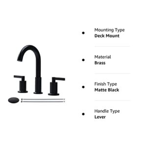 KINGO HOME Widespread Matte Black 3 Hole Bathroom Faucet, 2 Handle Black Bathroom Sink Faucet Modern Vanity Faucet with Supply Hoses, Pop Up Drain Stopper for Bathroom Sink