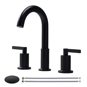 kingo home widespread matte black 3 hole bathroom faucet, 2 handle black bathroom sink faucet modern vanity faucet with supply hoses, pop up drain stopper for bathroom sink