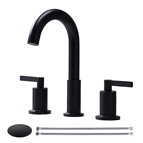 KINGO HOME Widespread Matte Black 3 Hole Bathroom Faucet, 2 Handle Black Bathroom Sink Faucet Modern Vanity Faucet with Supply Hoses, Pop Up Drain Stopper for Bathroom Sink