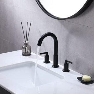 KINGO HOME Widespread Matte Black 3 Hole Bathroom Faucet, 2 Handle Black Bathroom Sink Faucet Modern Vanity Faucet with Supply Hoses, Pop Up Drain Stopper for Bathroom Sink