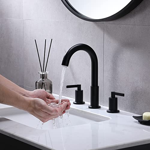 KINGO HOME Widespread Matte Black 3 Hole Bathroom Faucet, 2 Handle Black Bathroom Sink Faucet Modern Vanity Faucet with Supply Hoses, Pop Up Drain Stopper for Bathroom Sink