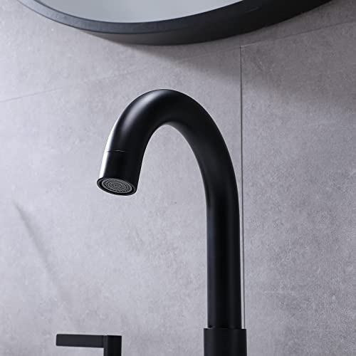 KINGO HOME Widespread Matte Black 3 Hole Bathroom Faucet, 2 Handle Black Bathroom Sink Faucet Modern Vanity Faucet with Supply Hoses, Pop Up Drain Stopper for Bathroom Sink