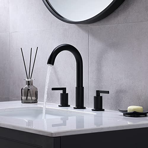 KINGO HOME Widespread Matte Black 3 Hole Bathroom Faucet, 2 Handle Black Bathroom Sink Faucet Modern Vanity Faucet with Supply Hoses, Pop Up Drain Stopper for Bathroom Sink