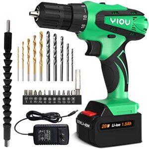 yiou 20v max cordless drill, 18 position clutch drill with 23pcs drill set, 3/8 inches keyless chuck power drill and battery charger, green driller set