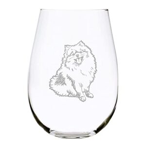 pomeranian (p1) themed, dog stemless wine glass, 17 oz.