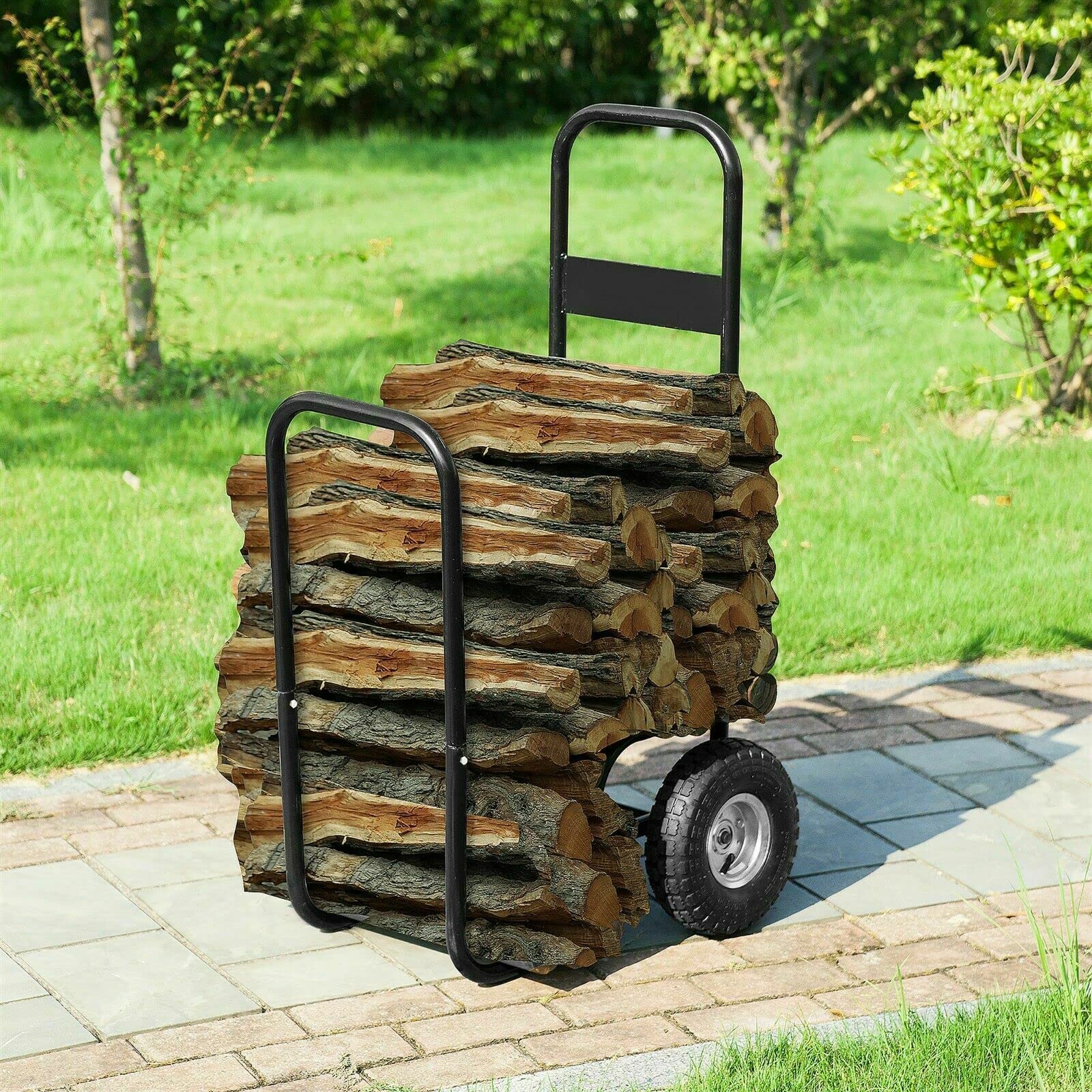 LiveCreative Steel Firewood Log Cart Carrier - Fireplace Log Rolling Caddy Hauler - Wood Mover Outdoor Indoor Storage Holder Rack - Rolling Wheeled Metal Dolly Hauler Black RO09911