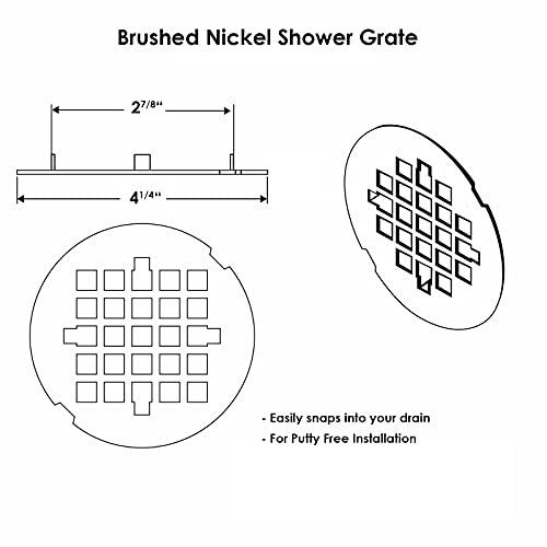 4 ¼” Snap-in Shower Drain Grate - Brushed Nickel - Replacement Cover - VHI - Handyman Designed & Tested in America - 100% Brass - Will Never Bend or Break