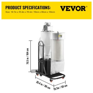 VEVOR 2 HP Dust Collector, Portable Cyclone Dust Collector, 1,500 CFM Woodworking Dust Collector with 13.2-Gallon Collection Drum and Mobile Base, 220V Dust Collection System 3-Micron Canister Kit