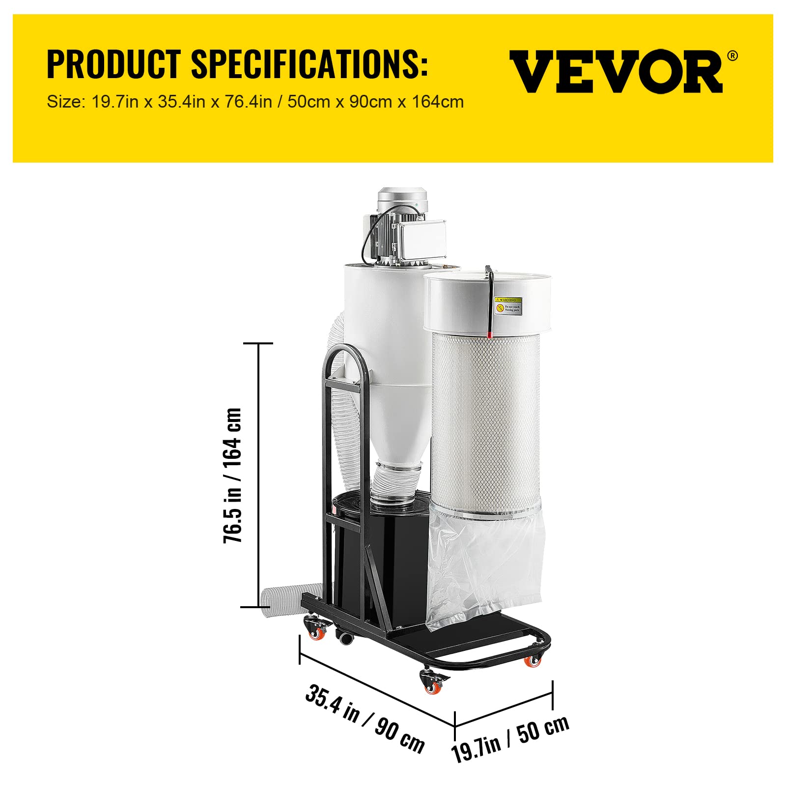 VEVOR 2 HP Dust Collector, Portable Cyclone Dust Collector, 1,500 CFM Woodworking Dust Collector with 13.2-Gallon Collection Drum and Mobile Base, 220V Dust Collection System 3-Micron Canister Kit