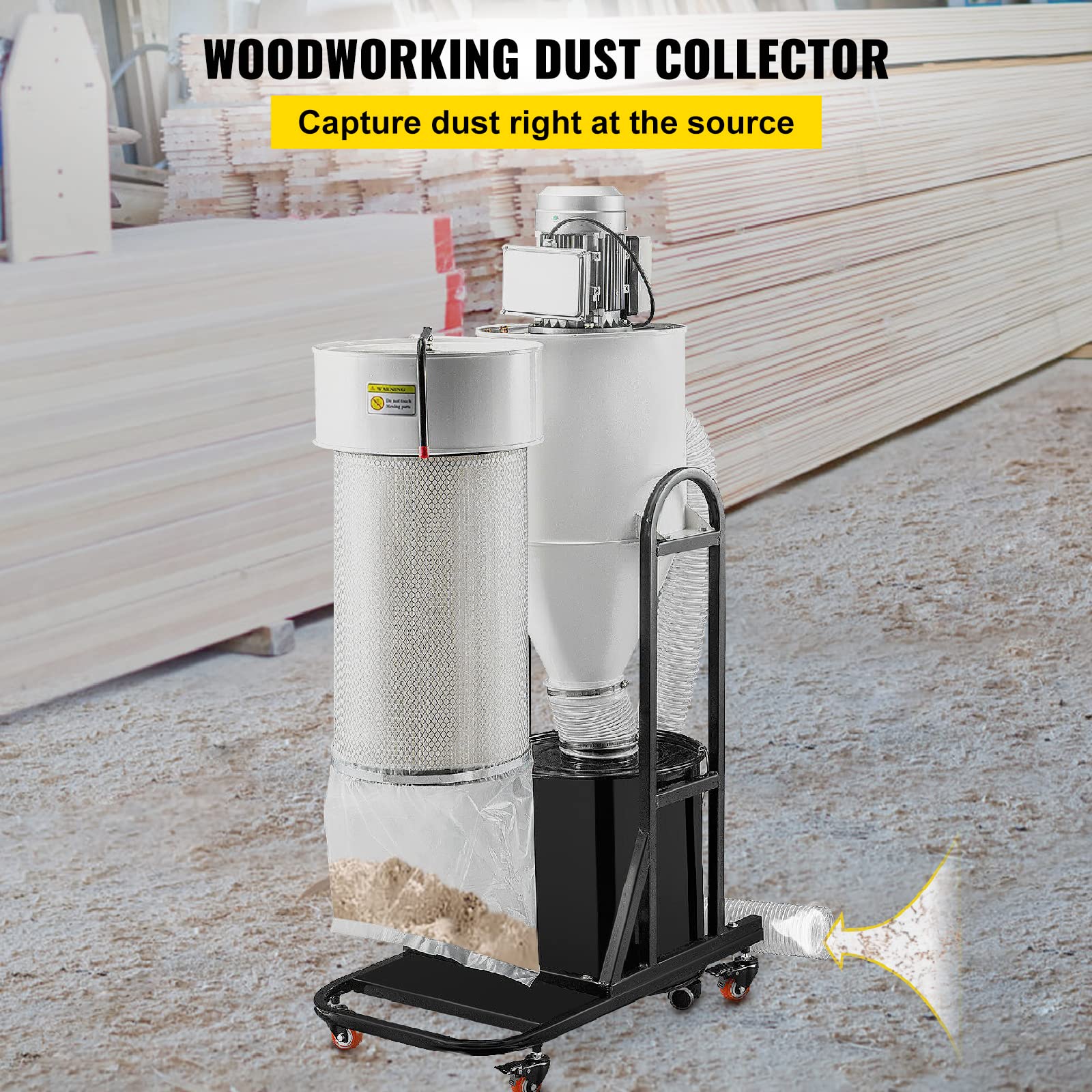 VEVOR 2 HP Dust Collector, Portable Cyclone Dust Collector, 1,500 CFM Woodworking Dust Collector with 13.2-Gallon Collection Drum and Mobile Base, 220V Dust Collection System 3-Micron Canister Kit