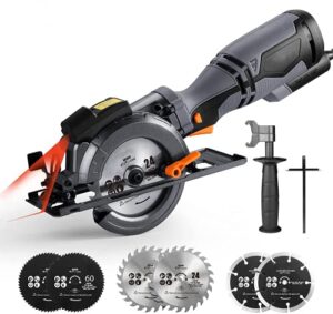 circular saw, 5.8a 3500rpm, metal handle, 6 blades (4-3/4" & 4-1/2”), laser, cutting depth 90° (1-11/16''), 45° (1-3/8''), ideal mini circular saw for wood, soft metal, plastic (black)