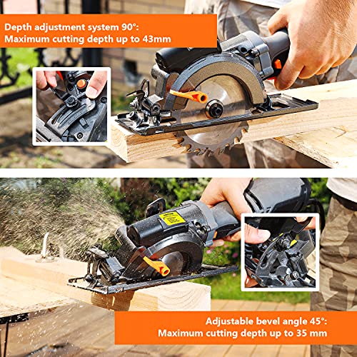 Circular Saw, 5.8A 3500RPM, Metal Handle, 6 Blades (4-3/4" & 4-1/2”), Laser, Cutting Depth 90° (1-11/16''), 45° (1-3/8''), Ideal Mini Circular Saw for Wood, Soft Metal, Plastic (Black)