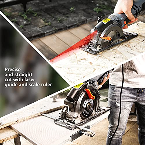 Circular Saw, 5.8A 3500RPM, Metal Handle, 6 Blades (4-3/4" & 4-1/2”), Laser, Cutting Depth 90° (1-11/16''), 45° (1-3/8''), Ideal Mini Circular Saw for Wood, Soft Metal, Plastic (Black)