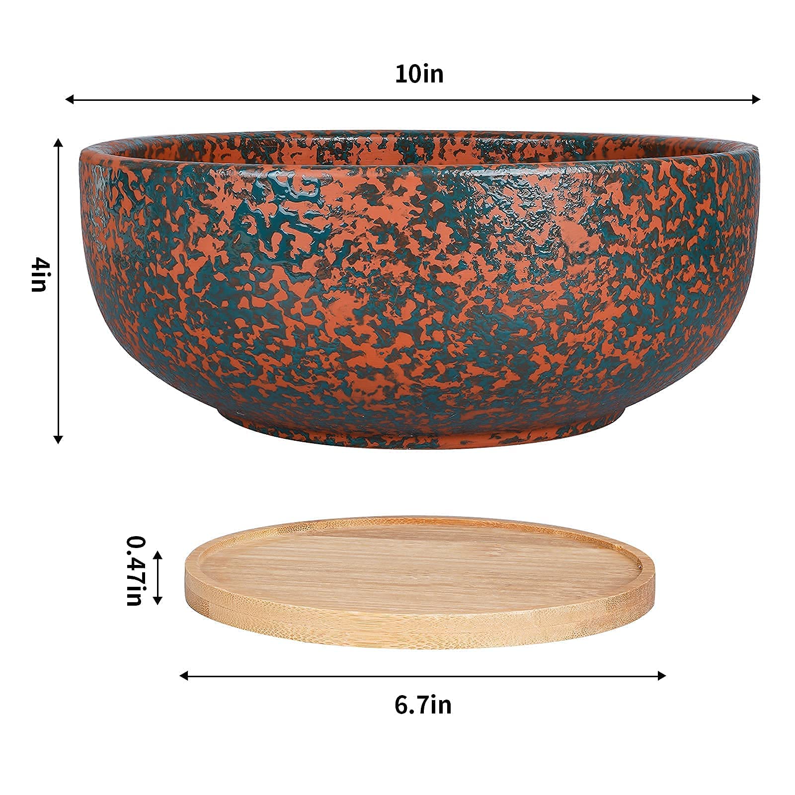 Fivepot 10 Inch Terracotta Succulent Planter Pot with Drainage Hole and Bamboo Tray Round Shallow Bonsai Pot for Indoor Plants