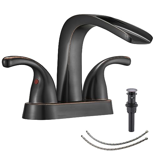 Waterfall Bathroom Faucet FRANSITON Bathroom Sink Faucet 4 Inch 2 Handle 3 Hole w/Pop Up Drain, Lead-Free Faucet for Bathroom Sink, Oil Rubbed Bronze Lavatory Faucet Basin Faucet Mixer Taps