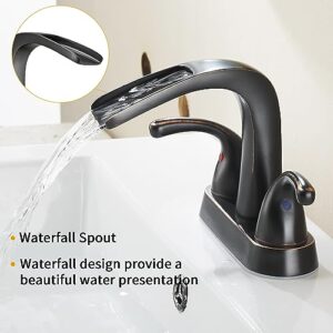 Waterfall Bathroom Faucet FRANSITON Bathroom Sink Faucet 4 Inch 2 Handle 3 Hole w/Pop Up Drain, Lead-Free Faucet for Bathroom Sink, Oil Rubbed Bronze Lavatory Faucet Basin Faucet Mixer Taps