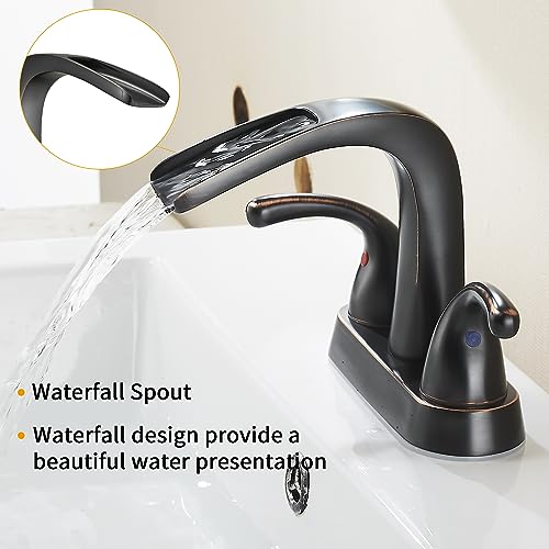 Waterfall Bathroom Faucet FRANSITON Bathroom Sink Faucet 4 Inch 2 Handle 3 Hole w/Pop Up Drain, Lead-Free Faucet for Bathroom Sink, Oil Rubbed Bronze Lavatory Faucet Basin Faucet Mixer Taps