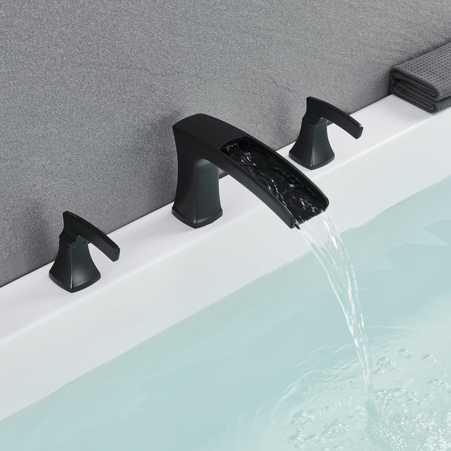 Artiqua Roman Tub Faucet Waterfall Tub Filler Black Deck Mount Bathtub Faucets 3 Hole Brass Bathroom Faucets with 2 Handles