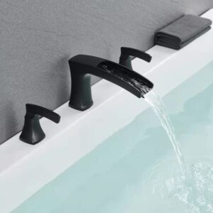 Artiqua Roman Tub Faucet Waterfall Tub Filler Black Deck Mount Bathtub Faucets 3 Hole Brass Bathroom Faucets with 2 Handles