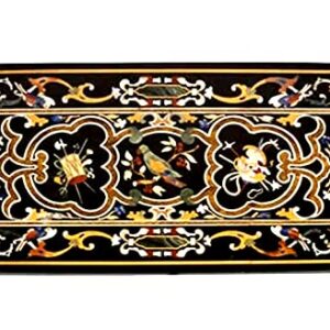 48" X 24" Inch Natural Black Marble Dining Table Pietra Dura Floral Marquetry Patio Table, Outdoor Furniture Table, Italian Style Table