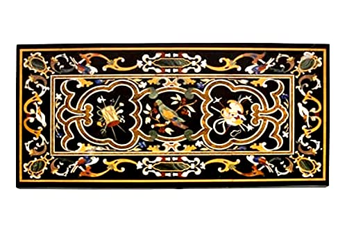 48" X 24" Inch Natural Black Marble Dining Table Pietra Dura Floral Marquetry Patio Table, Outdoor Furniture Table, Italian Style Table