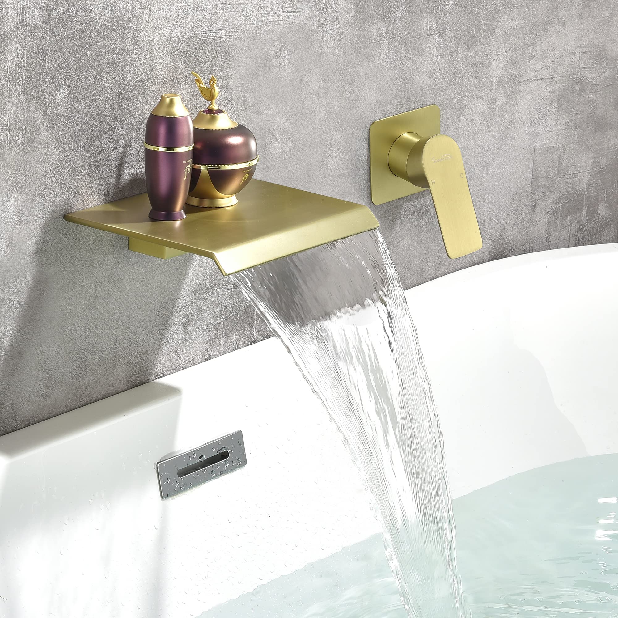 SHAMANDA Wall Mount Bathtub Faucet, Waterfall Roman Tub Filler Faucet Single Handle Bathroom Sink Faucet with Rough-in Valve and Trim Kit, Brushed Gold, LW01-3