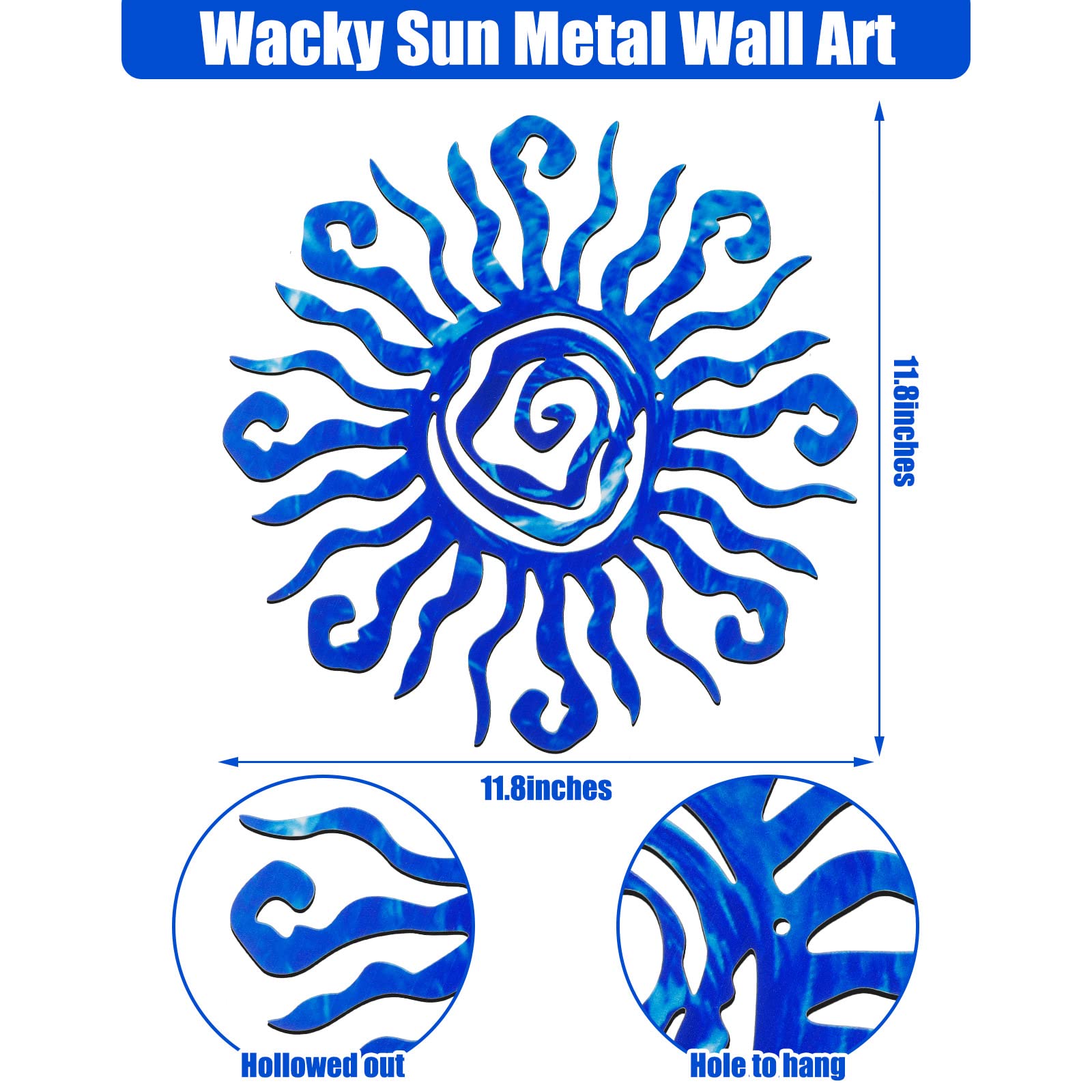 Moxweyeni 12 Inch Outdoor Wall Art Decor Wacky Large Sun Wall Art Decor Copper Wall Art Sun Metal Wall Decor Pool Decorations for Home Bedroom Living Room Office Garden (Blue)