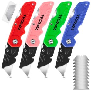 tifical 4 pack box cutter folding utility knife, extra 10 blades included, quick change blades, lock-back design, box cutters for carton, cardboard, boxes, razor knife box opener