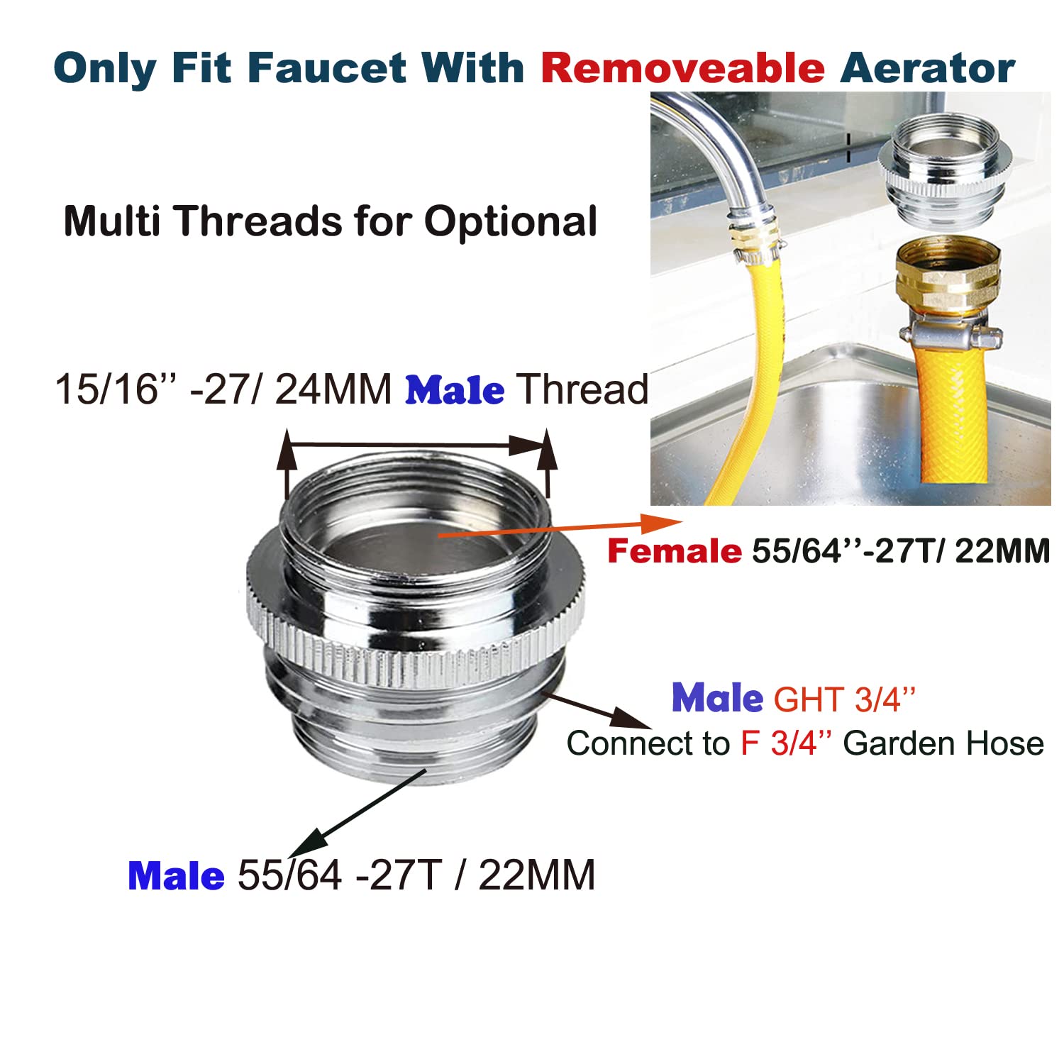 Garden Hose to Sink Faucet Adapter, 2 Pack Kitchen Sink Faucet Adapter Connect to Different Hoses, Brass Adapter for Female to Male and Male to Male (Chrome Plated)