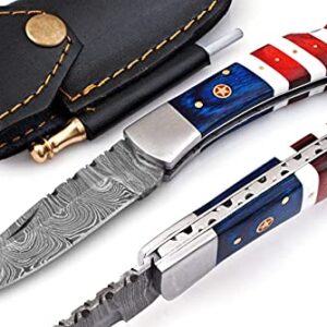 SagaCity Damascus Pocket Knife, 7.4” Inches American Flag Damascus Folding Knife, Damascus Knife, Custom Pocket Knife for Men, Sharp Pocket Knife with Real Leather Sheath; 501