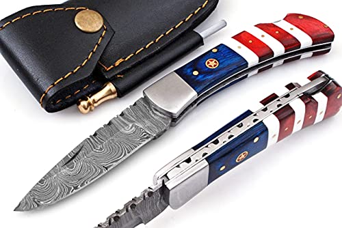 SagaCity Damascus Pocket Knife, 7.4” Inches American Flag Damascus Folding Knife, Damascus Knife, Custom Pocket Knife for Men, Sharp Pocket Knife with Real Leather Sheath; 501