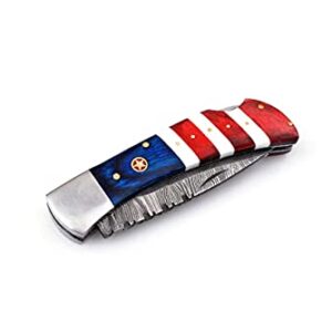 SagaCity Damascus Pocket Knife, 7.4” Inches American Flag Damascus Folding Knife, Damascus Knife, Custom Pocket Knife for Men, Sharp Pocket Knife with Real Leather Sheath; 501