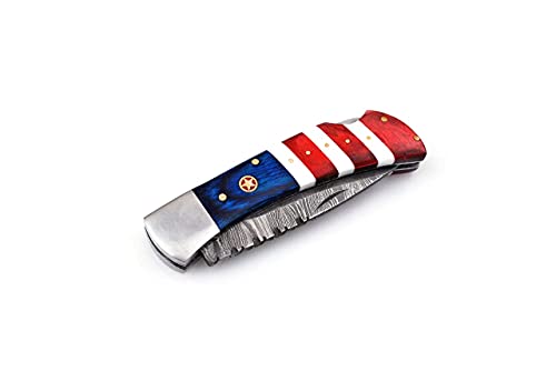 SagaCity Damascus Pocket Knife, 7.4” Inches American Flag Damascus Folding Knife, Damascus Knife, Custom Pocket Knife for Men, Sharp Pocket Knife with Real Leather Sheath; 501