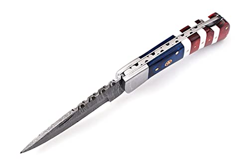 SagaCity Damascus Pocket Knife, 7.4” Inches American Flag Damascus Folding Knife, Damascus Knife, Custom Pocket Knife for Men, Sharp Pocket Knife with Real Leather Sheath; 501