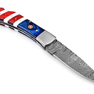 SagaCity Damascus Pocket Knife, 7.4” Inches American Flag Damascus Folding Knife, Damascus Knife, Custom Pocket Knife for Men, Sharp Pocket Knife with Real Leather Sheath; 501