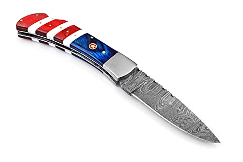 SagaCity Damascus Pocket Knife, 7.4” Inches American Flag Damascus Folding Knife, Damascus Knife, Custom Pocket Knife for Men, Sharp Pocket Knife with Real Leather Sheath; 501