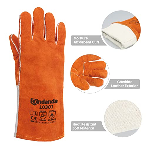 ANDANDA Leather Forge Welding Gloves, 13" Fire/Heat Resistant Gloves, Premium Split Leather, Aramid Stitching, Welding Gloves Provides Flames, Sparks and Welding Spatter Protection, Large/1 pair