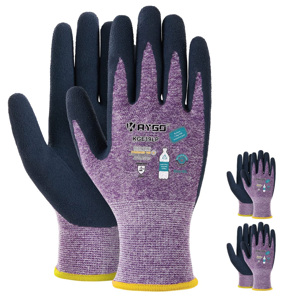 KAYGO Work Gloves for Women KGE19L Eco Friendly Gloves with Breathable Rubber Coated, 3 Pairs,Small,Purple