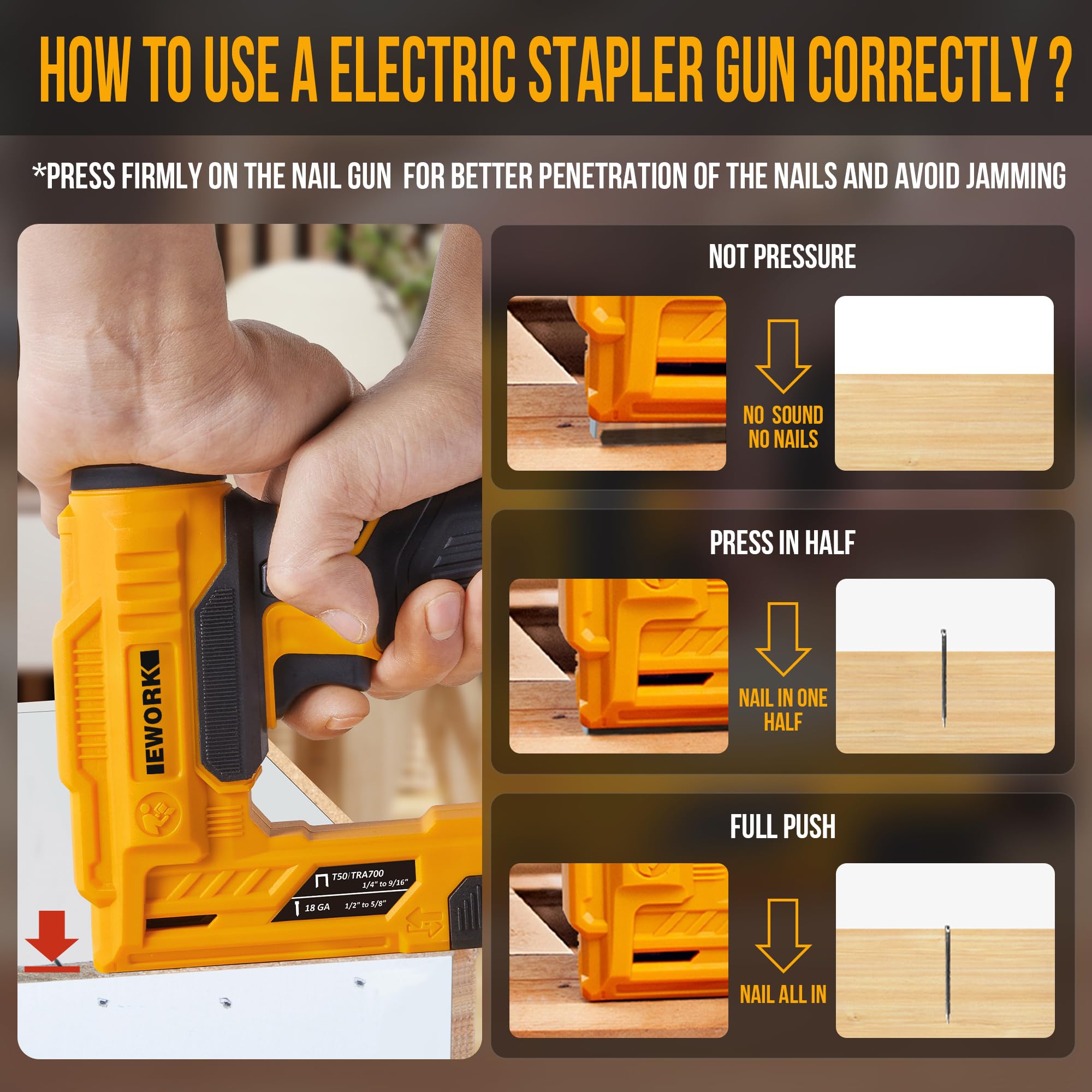 EWORK Electric Staple Gun/Nail Gun Kit for DIY Project and Upholstery, 120V Corded Electric Stapler with Triple Safety Protection, Staple Remover, 400 Pcs 5/8 '' Brad Nails and 600 Pcs 3/8 '' Staples