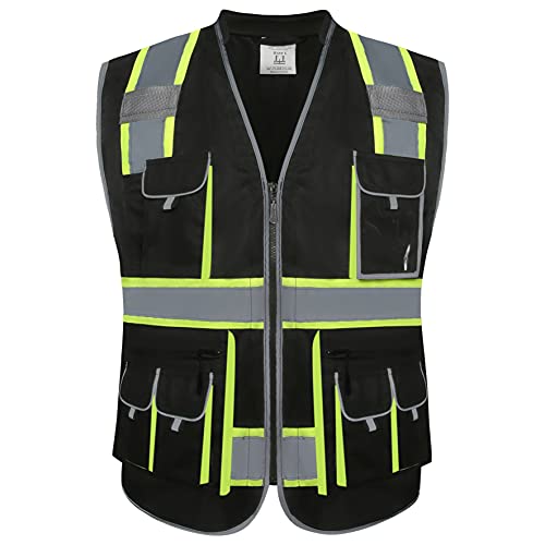 JKSafety 10 Pockets Hi-Vis Zipper Front Black Safety Vest | Cushioned Collar | High Reflective Tapes with Extended Neon Yellow Strips | Meets ANSI/ISEA Standards (X-Large, 89-Black)