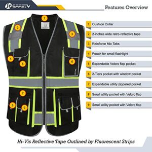 JKSafety 10 Pockets Hi-Vis Zipper Front Black Safety Vest | Cushioned Collar | High Reflective Tapes with Extended Neon Yellow Strips | Meets ANSI/ISEA Standards (X-Large, 89-Black)