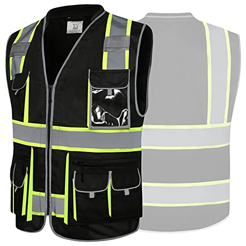 JKSafety 10 Pockets Hi-Vis Zipper Front Black Safety Vest | Cushioned Collar | High Reflective Tapes with Extended Neon Yellow Strips | Meets ANSI/ISEA Standards (X-Large, 89-Black)