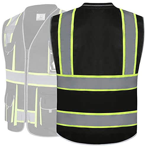 JKSafety 10 Pockets Hi-Vis Zipper Front Black Safety Vest | Cushioned Collar | High Reflective Tapes with Extended Neon Yellow Strips | Meets ANSI/ISEA Standards (X-Large, 89-Black)