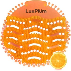 urinal screens deodorizer -10 pack urinal screen cakes with lemon & orange essential oil scents - fits wet & dry urinals - splash reducing mats with long lasting odor freshener (orange)