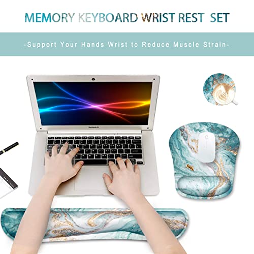 Keyboard Wrist Rest Pad and Mouse Pad Memory Foam Ergonomic Support Mouse Pad Set for Office Gaming Easy Typing Green Fluid