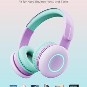 BIGGERFIVE Kids Wireless Bluetooth Headphones with 7 Colorful LED Lights, 50H Playtime, Microphone, 85dB/94dB Volume Limited, Foldable On Ear Kids Headphones for School/Girls/Fire Tablet, Purple