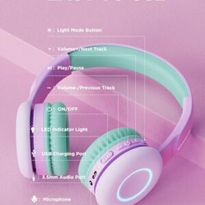 BIGGERFIVE Kids Wireless Bluetooth Headphones with 7 Colorful LED Lights, 50H Playtime, Microphone, 85dB/94dB Volume Limited, Foldable On Ear Kids Headphones for School/Girls/Fire Tablet, Purple